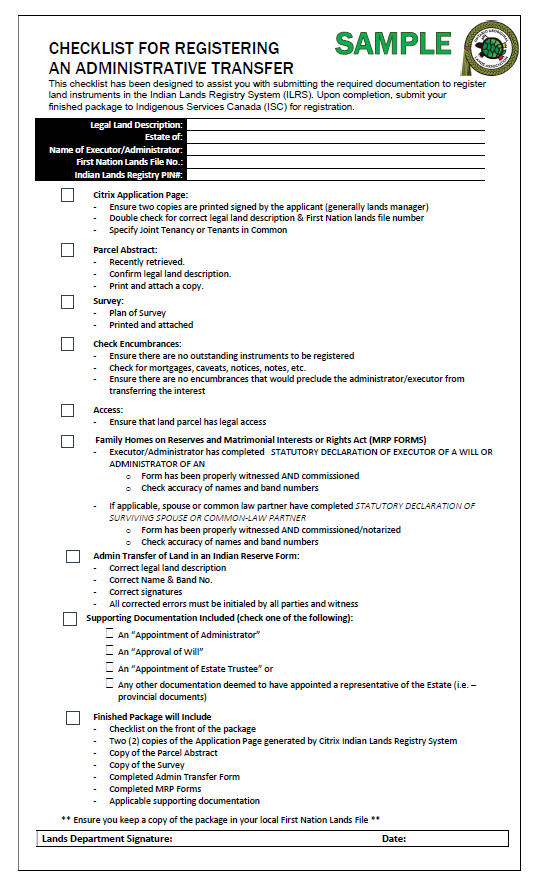Checklist for Registering an Administrative Transfer