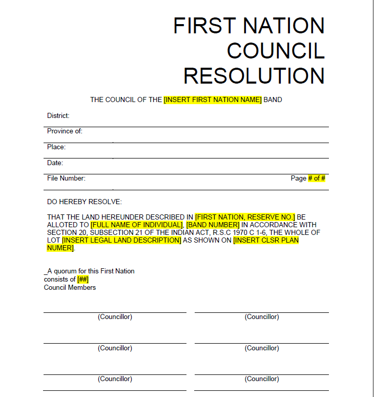 First Nation Council Resolution (Sample)