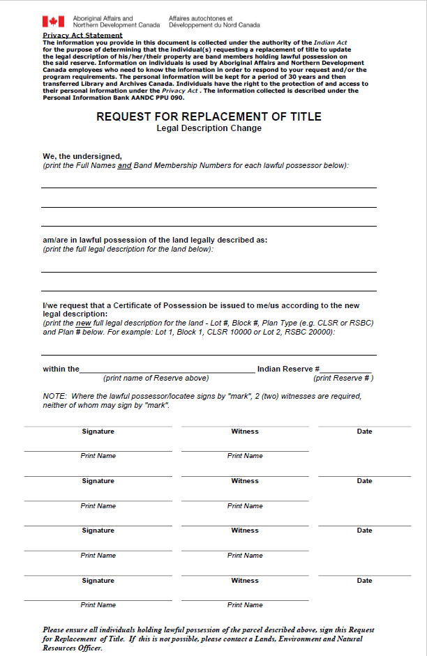 Request for Replacement of Title