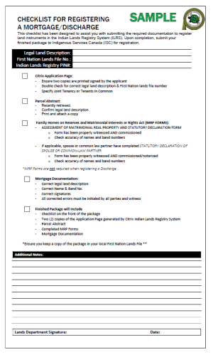 Checklist for Registering a Mortgage/Discharge